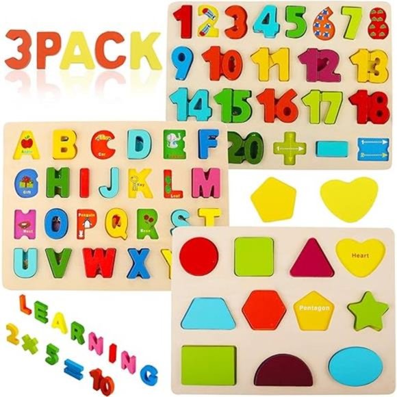 Toys | 3 Pack Wooden Puzzles Alphabet Number Shape Learning Puzzle For ...